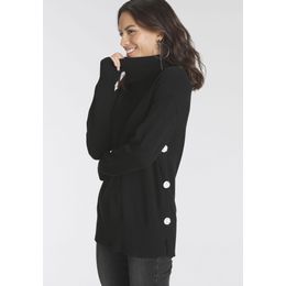 Rollkragenpullover Laura Scott, Damen, Gr. 42, schwarz, Strick, Obermaterial: 50% Viskose, 28% Polyester, 22% Polyamid, unifarben, l&auml;ssig geschnitten h&uuml;ftlang, hoch geschlossener Ausschnitt, Pullover Rollkragenpullover, mit seitlichen Kn&ouml;pfen