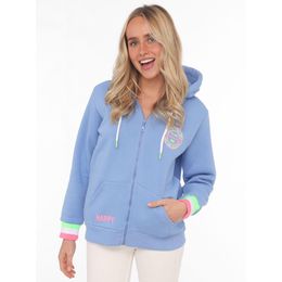 Sweatjacke Zwillingsherz, Damen, Gr. LXL (L/XL), blau (hellblau), Sweatware, Obermaterial: 50% Baumwolle, 50% Polyester, unifarben, Casual, normal hüftlang, V-Ausschnitt, Sweatjacken Zip-Hoodie, Kapuze, Regular Fit, Langarm, Stickerei am Rücken, Reißverschluss