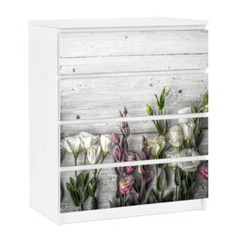 Bilderwelten M&ouml;belfolie f&uuml;r IKEA Malm Kommode 4 Schubladen grau Blumen Shabby Holzoptik - Tulpen-Rose Shabby Holzoptik - Deko blasenfreies Verkleben