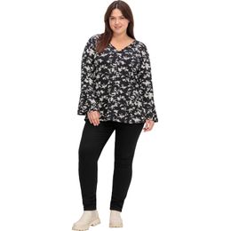 sheego by Joe Browns Damen Langarmshirt mit Biesen und Volant&auml;rmeln schwarz-gemustert Gr&ouml;&szlig;e 48/50