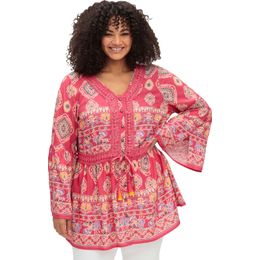 sheego by Joe Browns Damen Longbluse mit Trompeten&auml;rmeln rot-gemustert Gr&ouml;&szlig;e 52