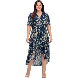 sheego Damen Chiffonkleid in Wickeloptik, mit Blätterprint nachtblau-gemustert Größe 56