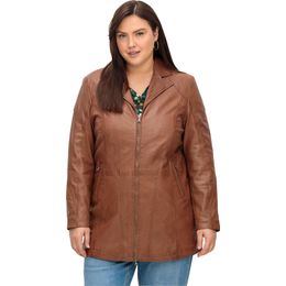 sheego Damen Lederjacke in langer, leicht taillierter Form cognac Gr&ouml;&szlig;e 42