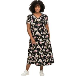sheego by Joe Browns Damen Jerseykleid mit Blumendruck, Midil&auml;nge schwarz-gemustert Gr&ouml;&szlig;e 48