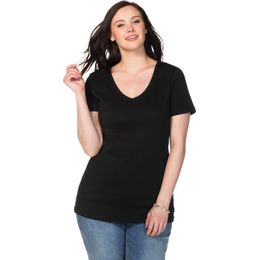 sheego Damen T-Shirt mit V-Ausschnitt, Rippqualit&auml;t schwarz Gr&ouml;&szlig;e 48/50