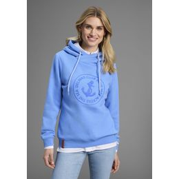 Kapuzensweatshirt DELMAO, Damen, Gr. 40/42, azurblau, angeraute Sweatware, Obermaterial: 60% Baumwolle, 40% Polyester. Bündchen: 95% Baumwolle, 5% Elasthan, bedruckt, unifarben, figurumspielend hüftbedeckend, Rippbündchen, Sweatshirts, Weiche Baumwollmischung mit Print, Kordel und maritimen Details