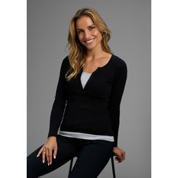 2-in-1-Langarmshirt Flashlights, Damen, Gr. 36/38, schwarz, Jersey, Obermaterial: 100% Baumwolle. Einsatz: 95% Baumwolle, 5% Viskose, unifarben mit Farbeinsatz, Basic, figurbetont h&uuml;ftbedeckend, Rundhals, Shirts, figurbetonte Passform, Rundhalsausschnitt, elastisches Material
