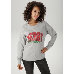 Weihnachtssweatshirt Aniston CASUAL, Damen, Gr. 44, schwarz (hellgraumeliert, rot, grün, schwarz), angeraute Sweatware, Obermaterial: 90% Baumwolle, 10% Viskose, bedruckt, meliert, lässig geschnitten hüftbedeckend, Rundhals, Rippbündchen, Sweatshirts, mit "MERRY Christmas"-Schriftzug in Pailletten-Optik - NEUE KOLLEKTION