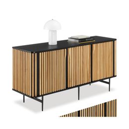TecTake® Sideboard, Holzkorpus mit Lamellendesign, integrierte ergonomische Griffe, 156 x 45,5 x 74 cm, höhenverstellbare Füße