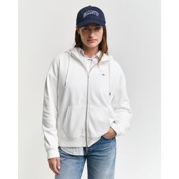 Kapuzensweatjacke Gant "SHIELD ZIP HOODIE", Damen, Gr. L, weiß (eggshell), Sweatware, Obermaterial: 87% Baumwolle, 13% Polyester, Casual, relaxed fit, Rippbündchen, Sweatjacken, Grafische Gant-Stickerei auf der Brust
