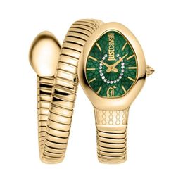 JUST cavalli time Quarzuhr »Eclisse« Armbanduhr, Damenuhr, Edelstahlarmband, analog, Kristallsteine goldfarben-grün Attraktive Armbanduhr