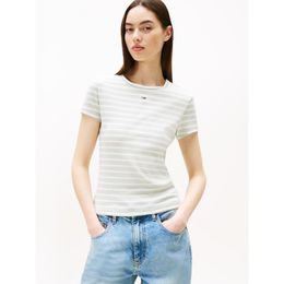 Tommy Jeans Kurzarmshirt »TJW SLIM ESSENTIAL RIB SS EXT« mit gerippter Struktur Misty Sage / Stripe XS (34) XS (34) Damenshirt von Tommy Jeans