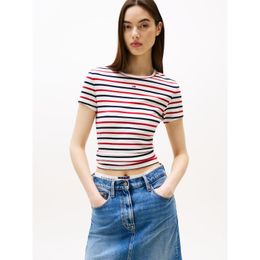 Tommy Jeans Kurzarmshirt »TJW SLIM ESSENTIAL RIB SS EXT« mit gerippter Struktur White / Red / Navy Stripe M (38) M (38) Damenshirt von Tommy Jeans