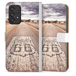 DeinDesign Galaxy A33 5G Handy Klapphülle Handyhülle aus Kunst Leder weiß Flip Case Street Usa Motorcycle Sideflip mit Lasche