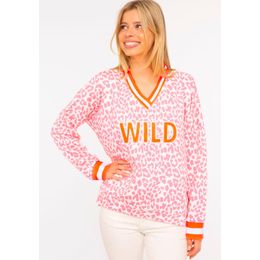 Sweatshirt Zwillingsherz "Leo Pastell", Damen, Gr. S/M, pink, Jersey, Obermaterial: 50% Baumwolle, 50% Polyester, gemustert, mehrfarbig, h&uuml;ftbedeckend, V-Ausschnitt, Sweatshirts Sweatshirt, mit V-Ausschnitt, gestreiften B&uuml;ndchen und WILD Applikation