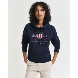 Kapuzensweatshirt Gant "ARCHIVE SHIELD HOODIE", Damen, Gr. S, blau (evening blau), Sweatware, Obermaterial: 78% Baumwolle, 22% Polyester, bedruckt, unifarben, regular fit normal, Rundhals, eingesetzt Rippbündchen, Sweatshirts, Mit Kapuze mit Kordelzug