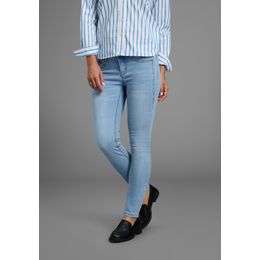 Skinny-fit-Jeans Arizona "mit Keileinsätzen", Damen, Gr. 46, N-Gr, blau (bleached), Denim/Jeans, Obermaterial: 76% Baumwolle, 16% Polyester, 7% Viskose, 1% Elasthan, Basic, skinny fit lang, Jeans, extra-enger Beinschnitt, niedrige Leibhöhe
