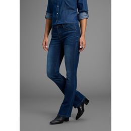 Bootcut-Jeans Arizona "Ultra-Stretch", Damen, Gr. 17, K + L Gr, blau (dunkelblau use), Denim/Jeans, Obermaterial: 74% Baumwolle, 24% Polyester, 2% Elasthan, Basic, extraeng lang, Jeans, normale Passform, Baby-Bootcut, Used-Look-Waschung, Topseller