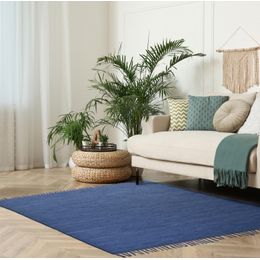 Teppich my home, B:40cm H:5mm L:60cm, blau, Baumwolle, Wohnzimmer, Teppiche, "Cadis", Wendeteppich, mit Fransen, Uni Farben, handgewebt, reine