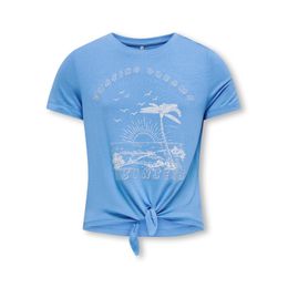 Rundhalsshirt KIDS Only "KOGRITA S/S SHINY KNOT TOP BOX JRS", M&auml;dchen, Gr. 122/128, regatta print:sunset, Jersey, Obermaterial: 95% Viskose, 5% Elasthan, bedruckt, regular fit, Rundhals, Shirts Rundhalsshirt