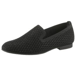 Gabor Damen Slipper, Gr. 44, schwarz, Leder, Textil, Schuhe, Blockabsatz, Loafer, Bequemschuh mit funkelnden Strass-Steinen