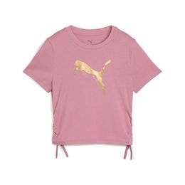 T-Shirt Puma "ESS METALLIC KNOTTED TEE G", Kinder, Gr. 140, poised pink, metallic gold, Jersey, Obermaterial: 100% Baumwolle, bedruckt, slim fit kurz, Rundhals, Shirts