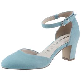 Tamaris Damen Spangenpumps, Gr. 40, blau, Ziegenveloursleder, unifarben, Schuhe, Blockabsatz, gelenkoffener Abendschuh mit Fesselriemchen