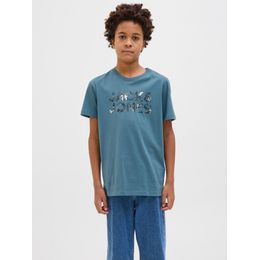 Jack & Jones Jungen Rundhalsshirt "JJEBRYAN CORP LOGO TEE SS O-NECK JNR", blau, Gr. 164, JACK & JONES JUNIOR, bedruckt, Single Jersey, Obermaterial: 100%