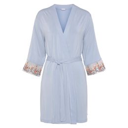 Lascana Damen Kimono, Gr. 32, blau, Viskose, unifarben, Hausmäntel, mit bestickter Spitze