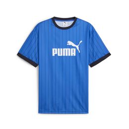 T-Shirt Puma "ESS STRIPED JERSEY", Damen, Gr. M, blau (mountain blau), Interlock, Obermaterial: 100% Polyester, unifarben, relaxed fit normal, V-Ausschnitt, Shirts T-Shirt