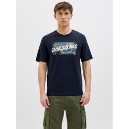 Jack & Jones JACK & JONES Herren Print-Shirt "JJHAWAII SHAPE TEE SS CREW NECK", blau, Gr. XS, bedruckt, Jersey, Obermaterial: 100% Baumwolle, Shirts