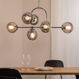 Hängelampe Portemo, rauchgrau/nickel, 104x80 cm, 6-flg. Glas