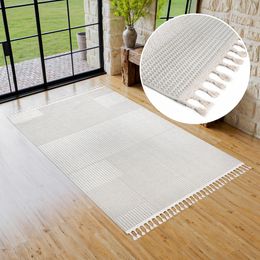 Teppich my home "Nathan" Gr. 1, beige (creme), B:60cm H:6mm L:90cm, Kunstfaser, Teppiche, Woll-Optik, Hoch-Tief Struktur, In- und Outdoor geeignet, mit Fransen