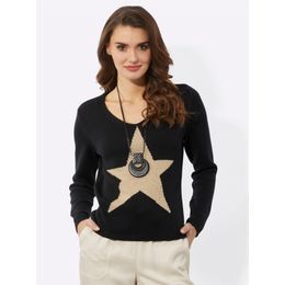 WITT Damen Langarm-Pullover mit Glitzerstern, schwarz-beige, Gr&ouml;&szlig;e 36