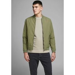 Jack & Jones Bomberjacke JACK & JONES "JJERUSH mit geripptem Kragen und Taschen", Herren, Gr. M, grün (olivgrün), Web, Obermaterial: 100% Polyester, normal normal, Bündchen, Jacken, unifarben, modisch, regular fit, Polyester, Rundhals