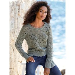 Heine Damen Ajourpullover, Gr&uuml;n, Gr. 42, Rundhals Pullover, 100% Baumwolle