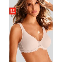 T-Shirt-BH Lascana, Damen, Gr. 100, Cup E, beige (puder), Spitze, Obermaterial: 89% Polyamid (TACTEL), 11% Elasthan (LYCRA), BHs BH Spitzenwäsche Spitzen-BH T-Shirt-BH, mit blumiger Spitze und seidiger Microfaser