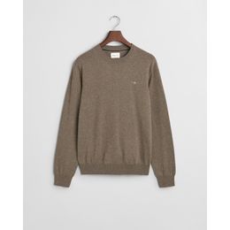Rundhalspullover Gant "CTN/WO C-NECK", Damen, Gr. XXL, braun (schwarz hazelnut melange), Feinstrick, Obermaterial: 70% Baumwolle, 30% Wolle, normal hüftlang, Rundhals, Rippstrickbündchen, Pullover Rundhalspullover, mit Logostickerei