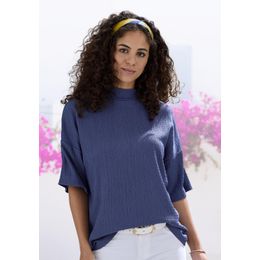 Kurzarmshirt Lascana "mit Stehkragen", Damen, Gr. 32/34, blau, Cr&ecirc;pe, Obermaterial: 97% Polyester, 3% Elasthan, unifarben, l&auml;ssig geschnitten, Shirts, aus b&uuml;gelfreier Cr&ecirc;pe-Qualit&auml;t