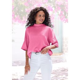 Kurzarmshirt Lascana "mit Stehkragen", Damen, Gr. 32/34, pink, Crêpe, Obermaterial: 97% Polyester, 3% Elasthan, unifarben, lässig geschnitten, Shirts, aus bügelfreier Crêpe-Qualität