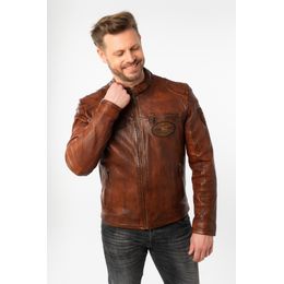 Lederjacke Mauritius "MMKendrik", Herren, Gr. M, whiskey, Obermaterial: 100% Schafsleder. Futter: 100% Baumwolle. Ärmelfutter: 100% Polyester, regular fit normal, Jacken, mit Patches, Stehkragen