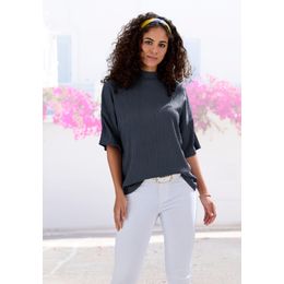 Kurzarmshirt Lascana "mit Stehkragen", Damen, Gr. 36/38, blau (navy), Cr&ecirc;pe, Obermaterial: 97% Polyester, 3% Elasthan, unifarben, l&auml;ssig geschnitten, Shirts, aus b&uuml;gelfreier Cr&ecirc;pe-Qualit&auml;t