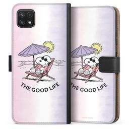DeinDesign Galaxy A22 5G Handy Klapph&uuml;lle Handyh&uuml;lle aus Kunst Leder schwarz Flip Case Snoopy Official Licensed Product Peanuts Sideflip mit langer Lasche