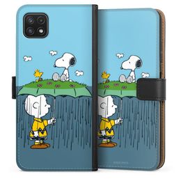 DeinDesign Galaxy A22 5G Handy Klapph&uuml;lle Handyh&uuml;lle aus Kunst Leder schwarz Flip Case Children Snoopy Peanuts Sideflip mit langer Lasche
