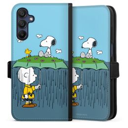 DeinDesign Galaxy A15 Handy Klapph&uuml;lle Handyh&uuml;lle aus Kunst Leder schwarz Flip Case Peanuts Children Snoopy Sideflip mit Lasche