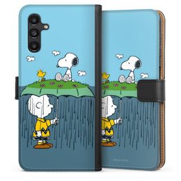 DeinDesign Galaxy A13 5G Handy Klapph&uuml;lle Handyh&uuml;lle aus Kunst Leder schwarz Flip Case Peanuts Children Snoopy Sideflip mit langer Lasche