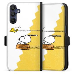 DeinDesign Galaxy A15 Handy Klapph&uuml;lle Handyh&uuml;lle aus Kunst Leder schwarz Flip Case Snoopy Peanuts Children Sideflip mit Lasche