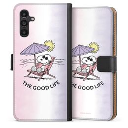 DeinDesign Galaxy A13 5G Handy Klapph&uuml;lle Handyh&uuml;lle aus Kunst Leder schwarz Flip Case Snoopy Official Licensed Product Peanuts Sideflip mit langer Lasche