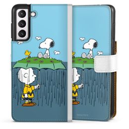 DeinDesign Galaxy S21 5G Handy Klapph&uuml;lle Handyh&uuml;lle aus Kunst Leder wei&szlig; Flip Case Peanuts Children Snoopy Sideflip mit Lasche