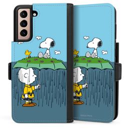 DeinDesign Galaxy S21 5G Handy Klapph&uuml;lle Handyh&uuml;lle aus Kunst Leder schwarz Flip Case Peanuts Children Snoopy Sideflip mit Lasche